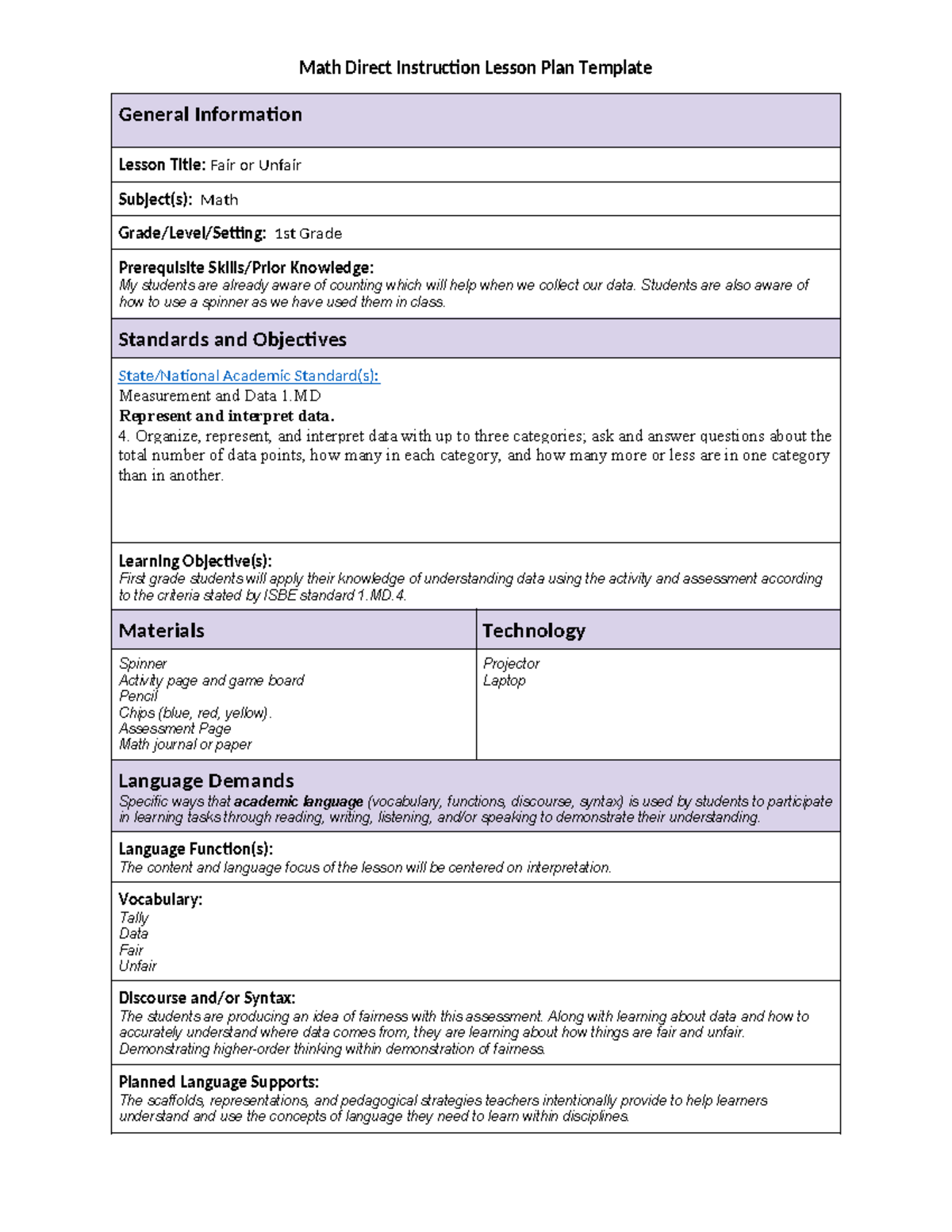 Task 3 Lesson Plan doc - Math Direct Instruction Lesson Plan Template ...