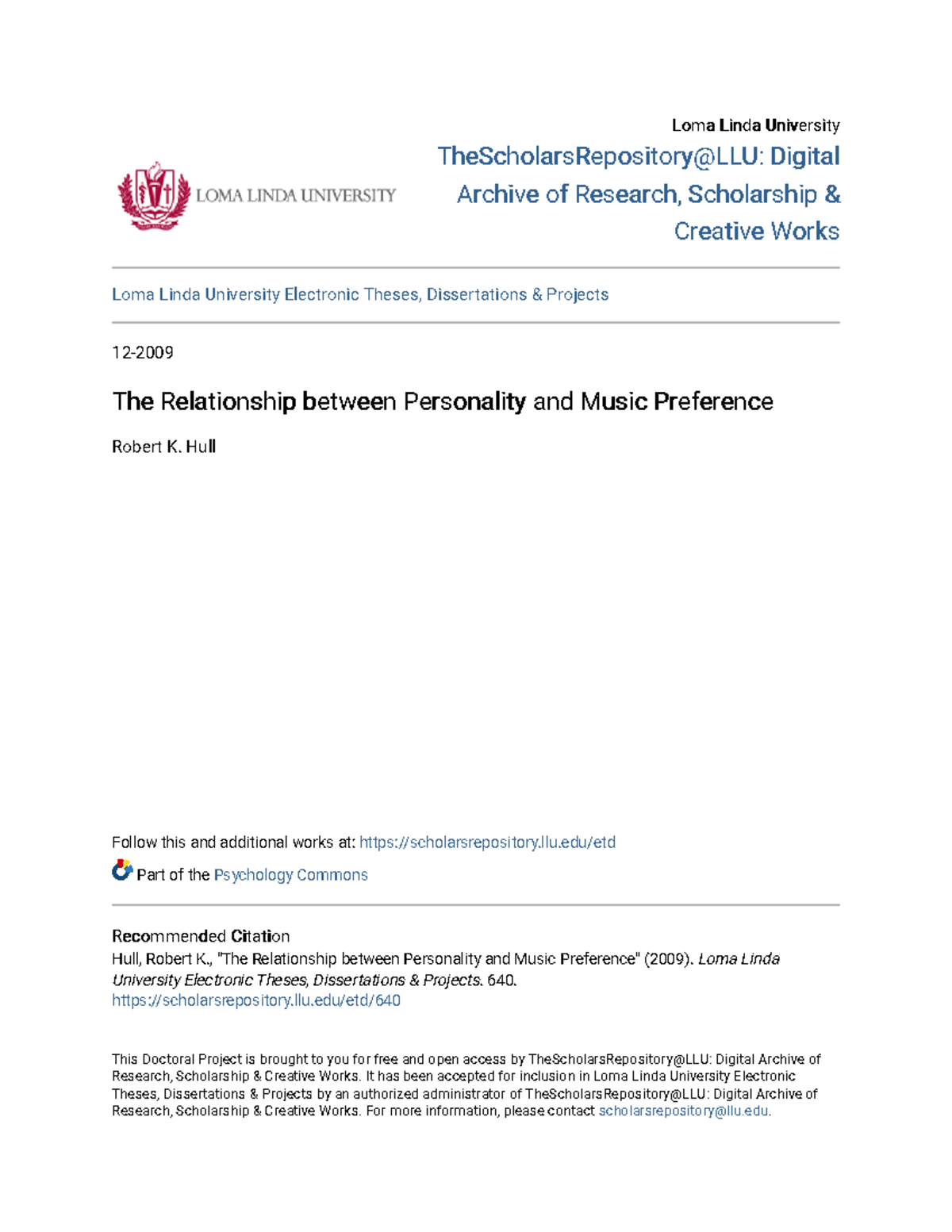 The Relationship between Personality and Music Preference - Loma Linda ...