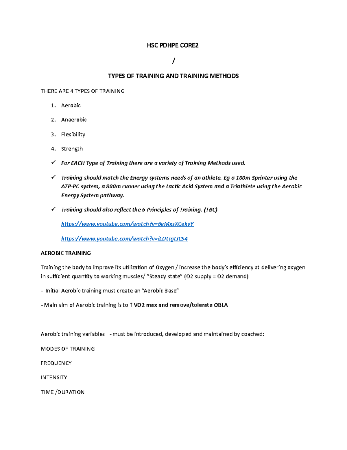 CORE 2 Types OF Training Worksheet - HSC PDHPE CORE / TYPES OF TRAINING ...