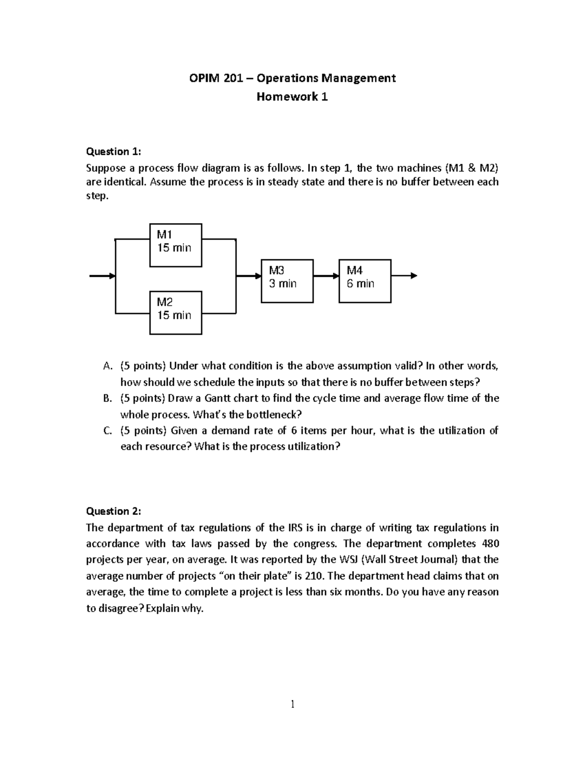 OPIM201 HW1 - practice - OPIM 201 – Operations Management Homework 1 Question 1 : Suppose a ...
