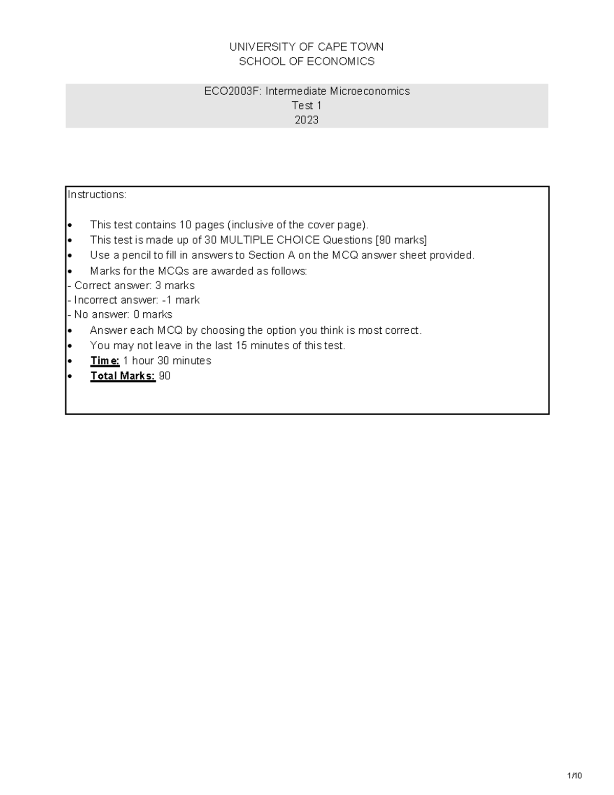 Test1 ECO2003 F1 - UNIVERSITY OF CAPE TOWN SCHOOL OF ECONOMICS ECO2003F ...