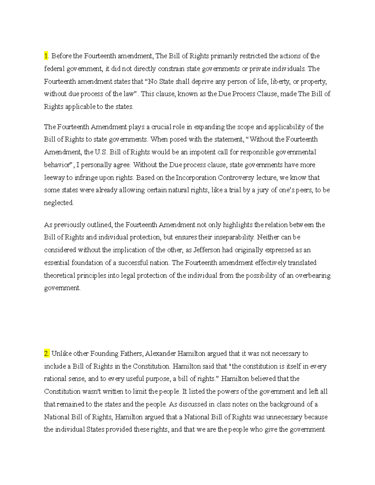 Reading response assignment 1 - Before the Fourteenth amendment, The ...