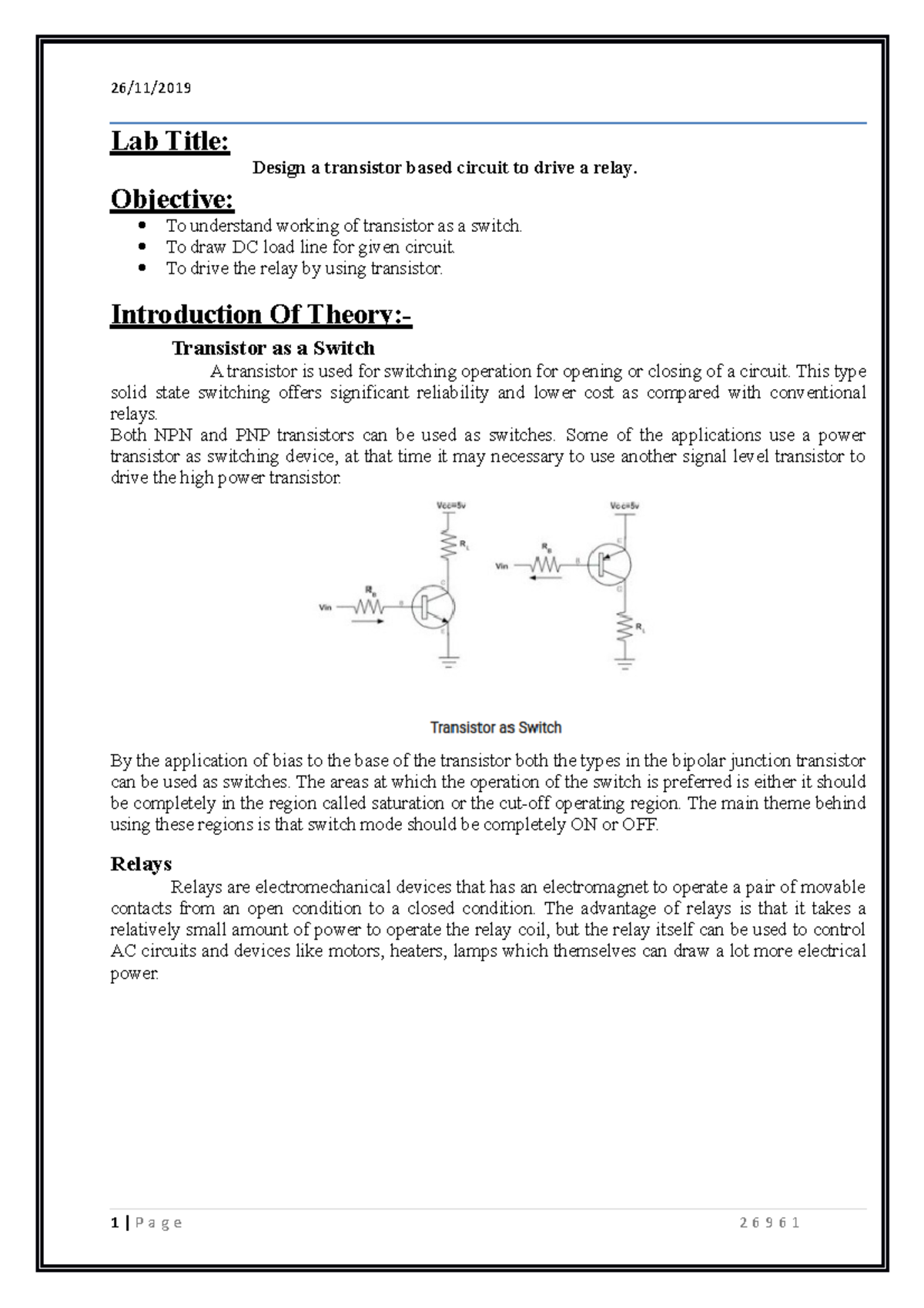 Lab # 009 - Best lab report - 26/11/ Lab Title: Design a transistor ...