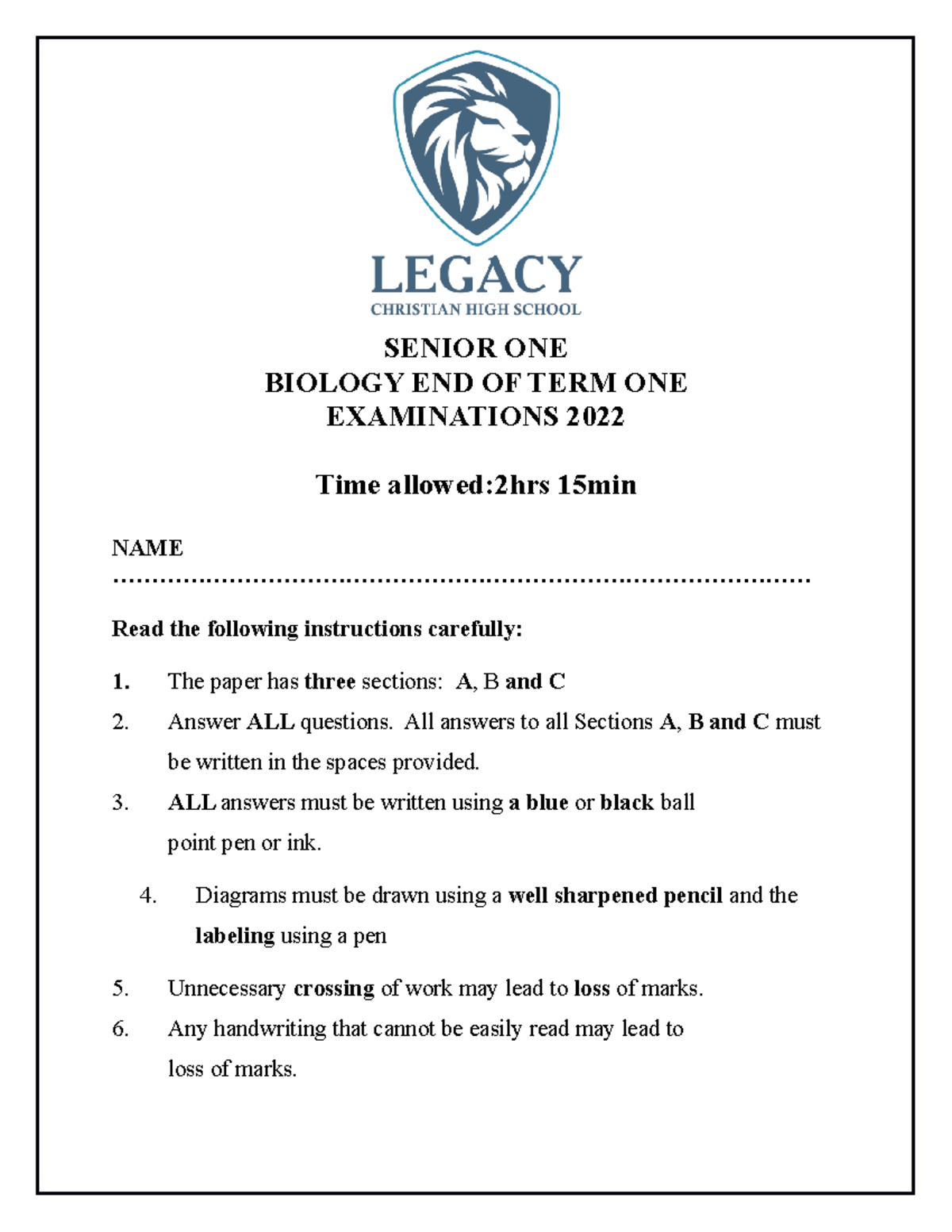 END OF TERM ONE Senior ONE BIO123 - SENIOR ONE BIOLOGY END OF TERM ONE ...