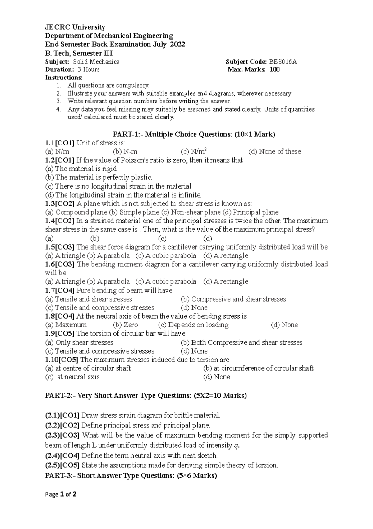 Back exam SM (Odd Sem) 2020 SET A - JECRC University Department of ...