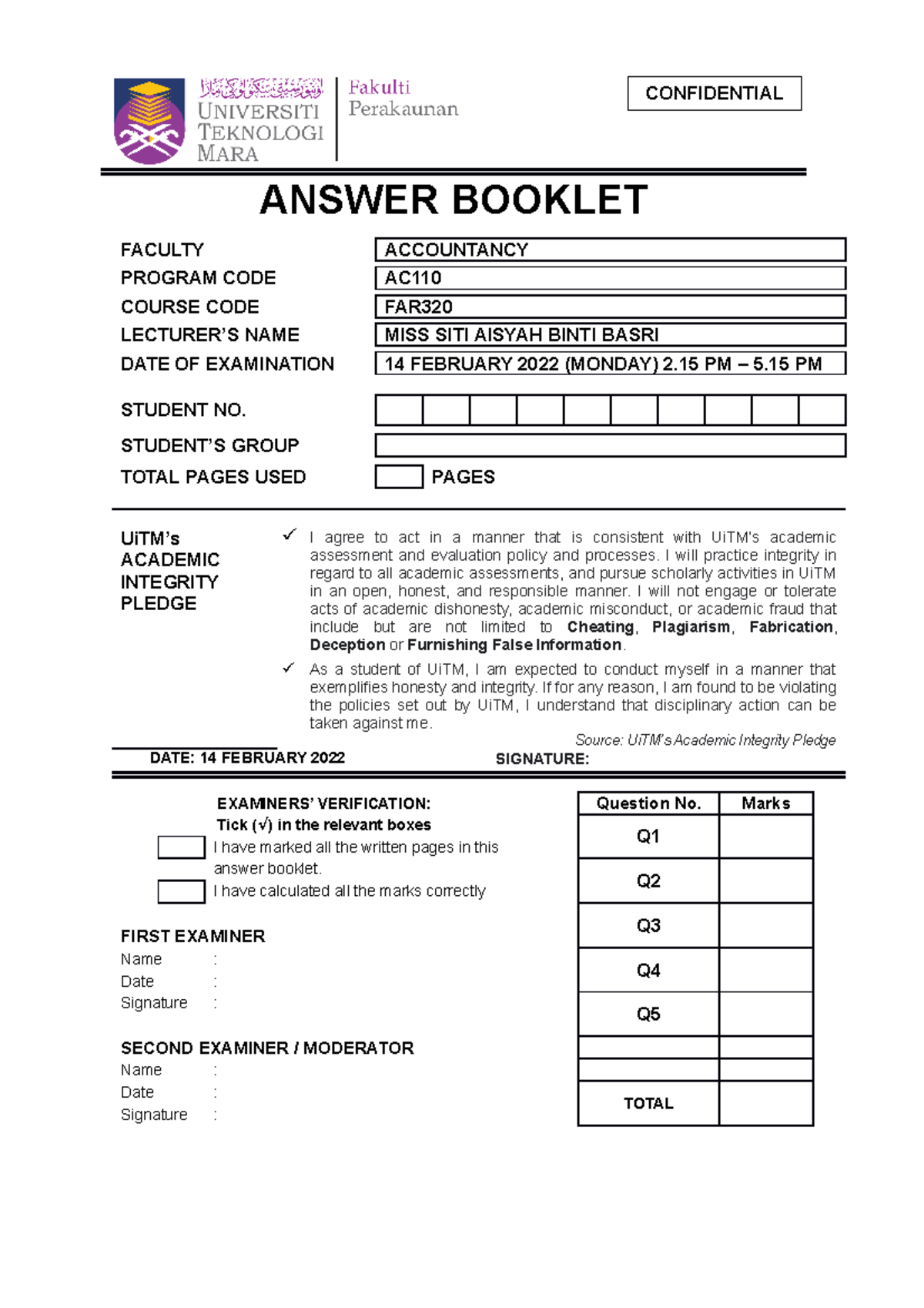 1. FAR320 Answer Script Front Page 2021 - ANSWER BOOKLET FACULTY ...
