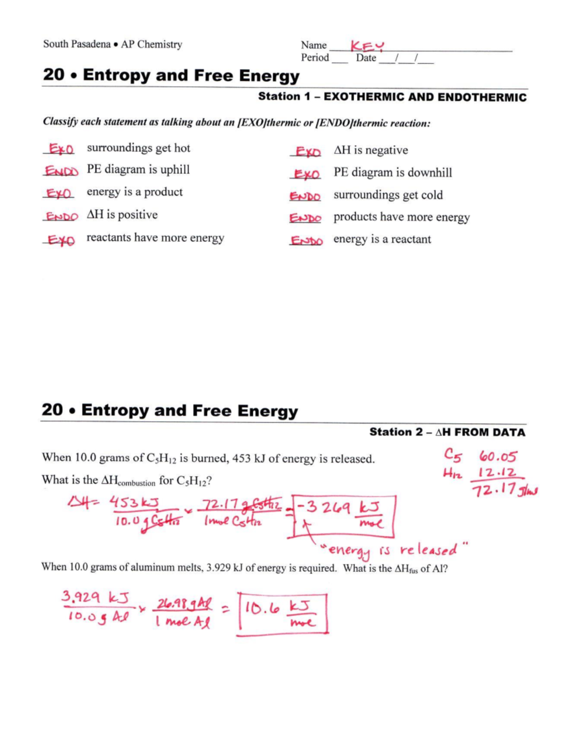 Apch20 review 2014 ans - South Pasadena 0 AP Chemistry Name [g F1 U ...
