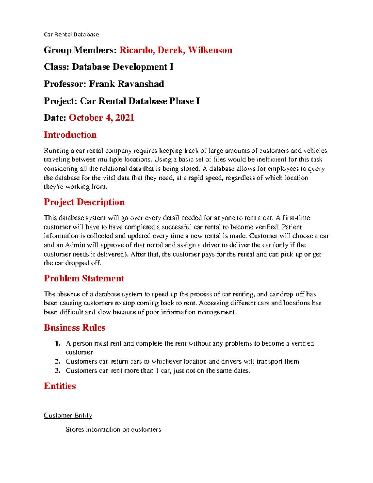 Car Rental Database Phase I - Group Members: Ricardo, Derek, Wilkenson ...