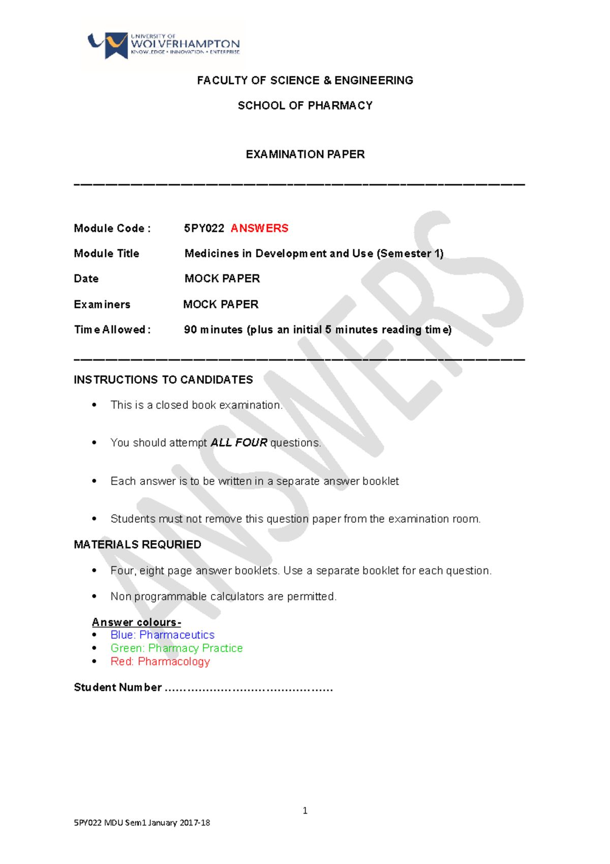 Practice exam paper 2020 answers - FACULTY OF SCIENCE & ENGINEERING ...