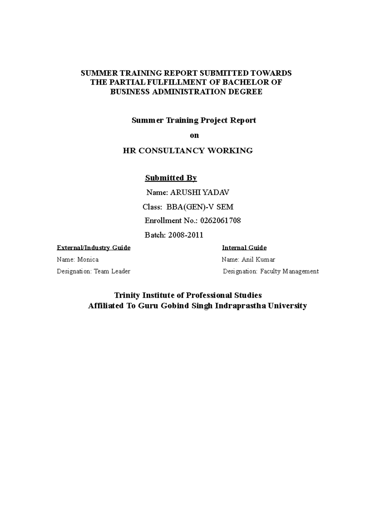 54500476-HR-Consultancy - SUMMER TRAINING REPORT SUBMITTED TOWARDS THE ...