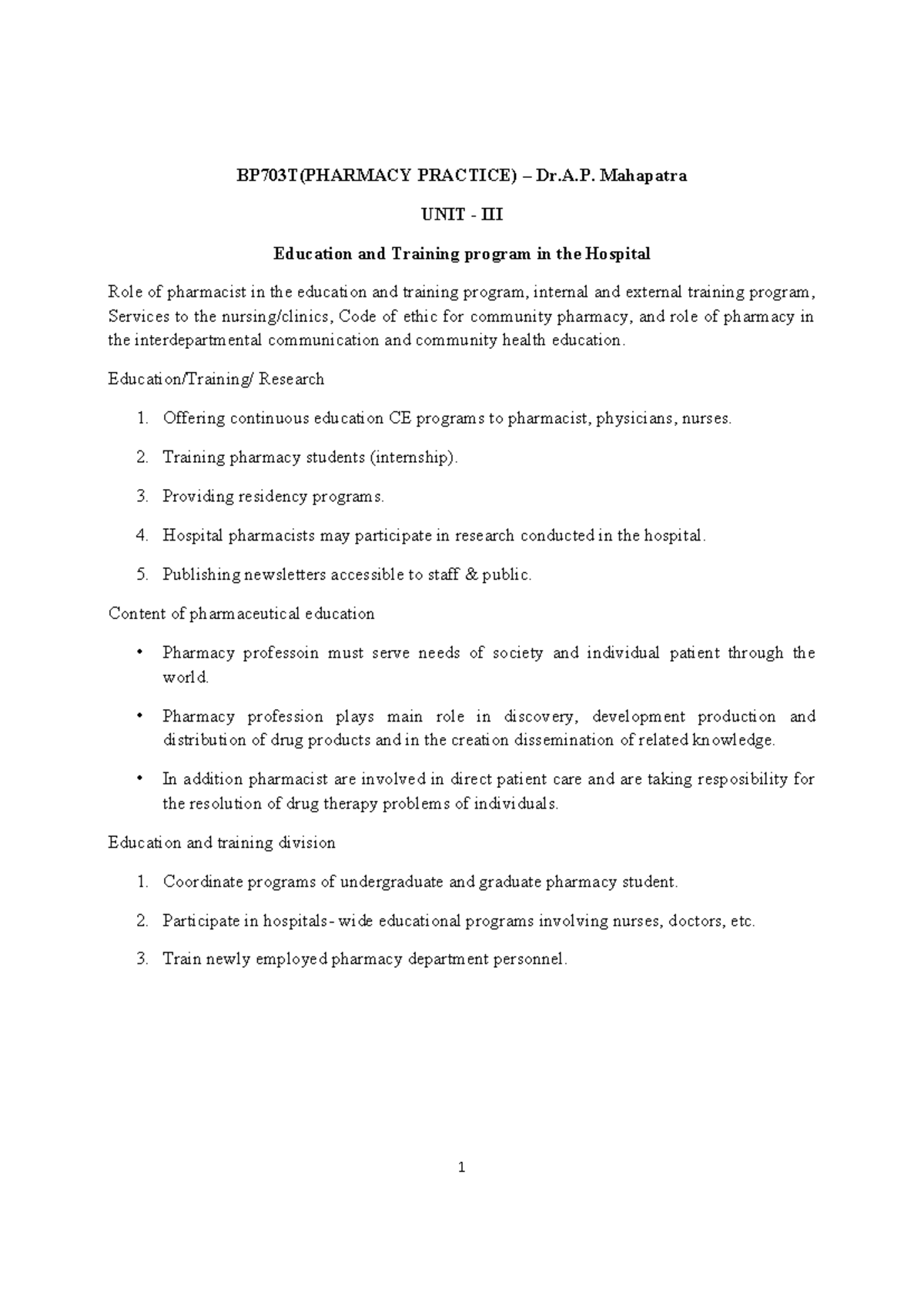 BP703T PP III - Pharmacy practice - BP703T(PHARMACY PRACTICE) – Dr.A ...