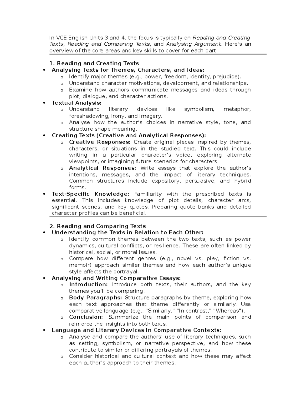 English notes - In VCE English Units 3 and 4, the focus is typically on ...