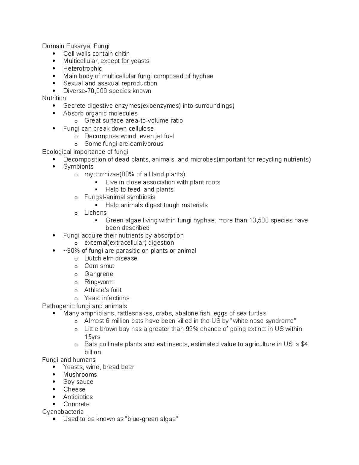 Bio 181 Note Section 9 - Lecture notes Week 9 - Domain Eukarya: Fungi ...
