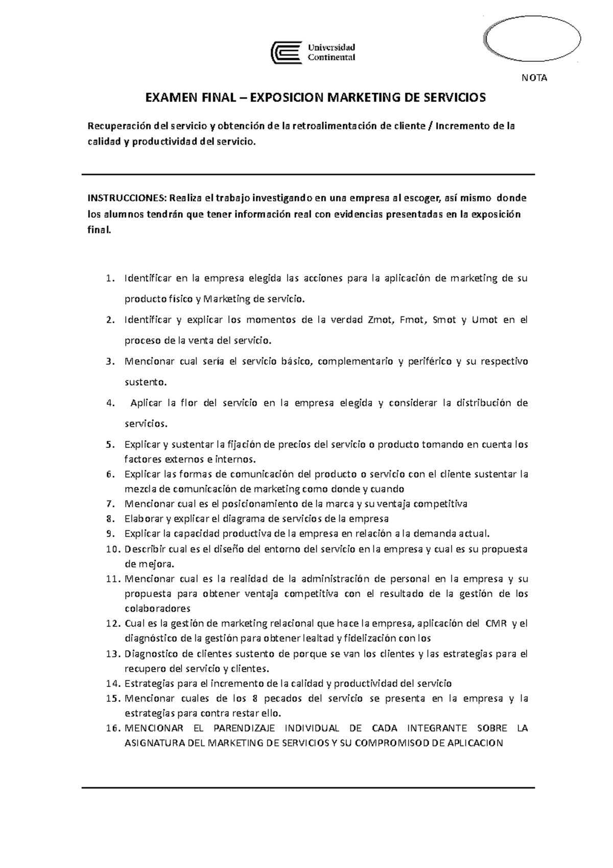 Examen Final Marketing DE Servicios - EXAMEN FINAL – EXPOSICION MARKETING DE SERVICIOS ...