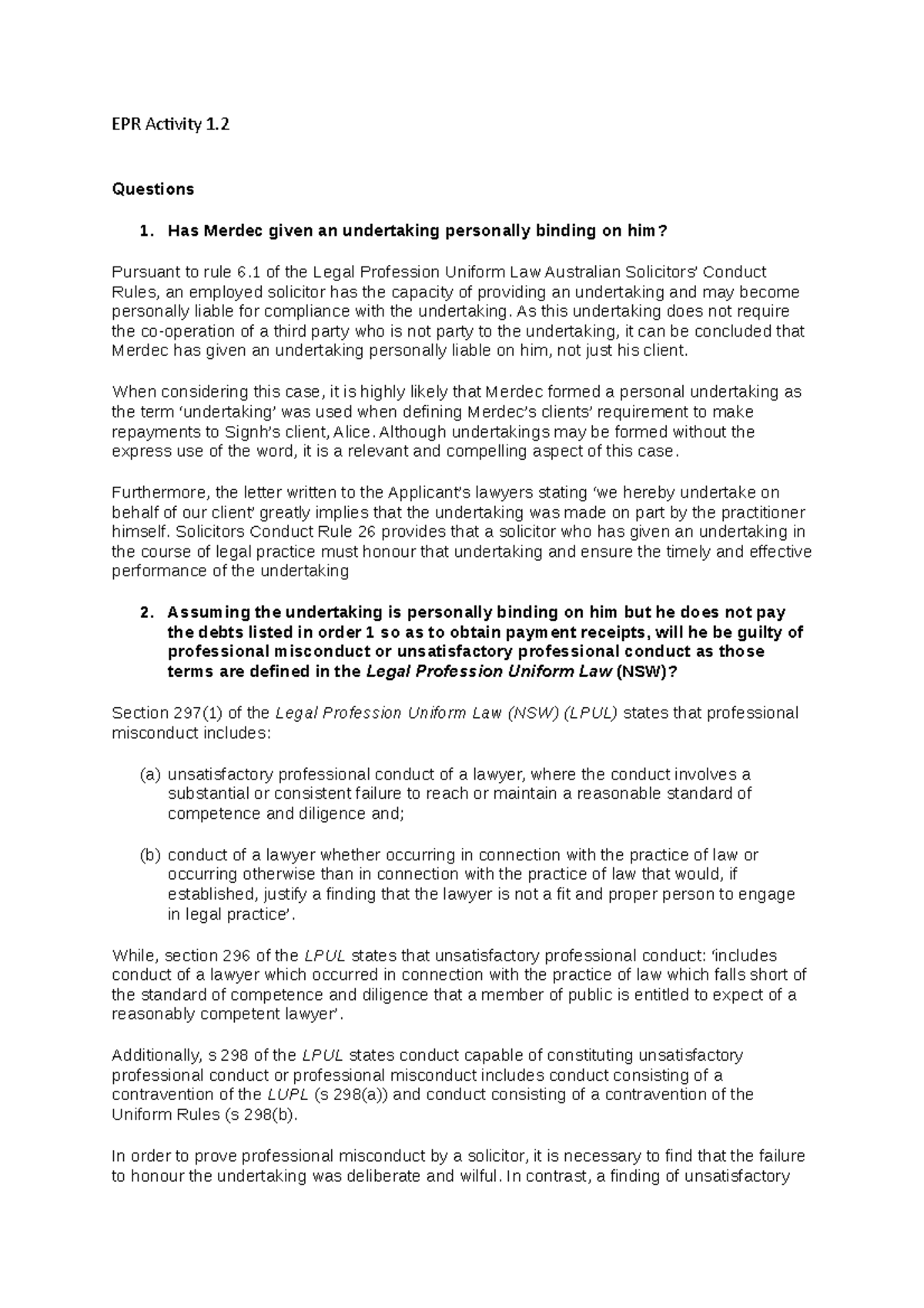 EPR Activity 1 - ETHICS AND PROFESSIONAL RESPONSIBILITY - EPR Activity ...