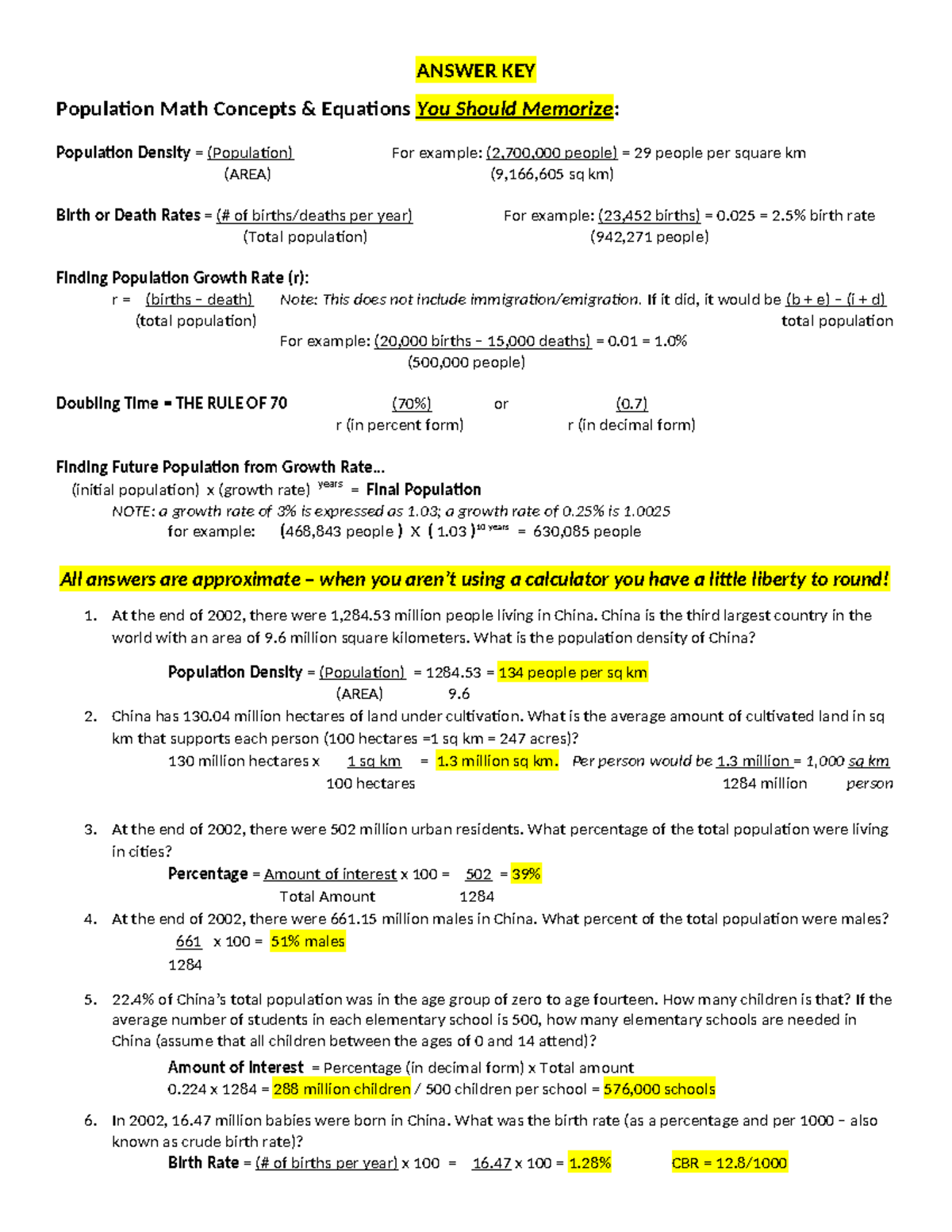 W - hi it is really helpfultrsut me - ANSWER KEY Population Math ...