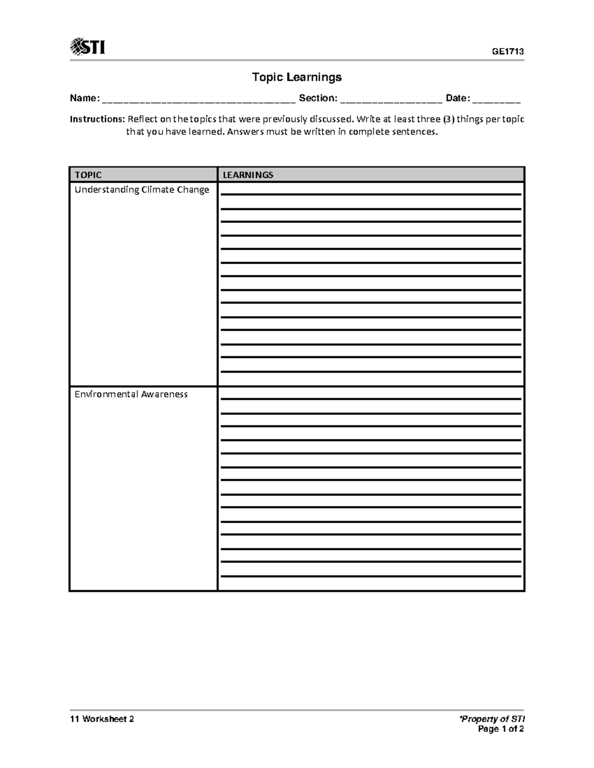 11 Worksheet 2 - Bachelor of Science in Information Technology - GE 11 ...