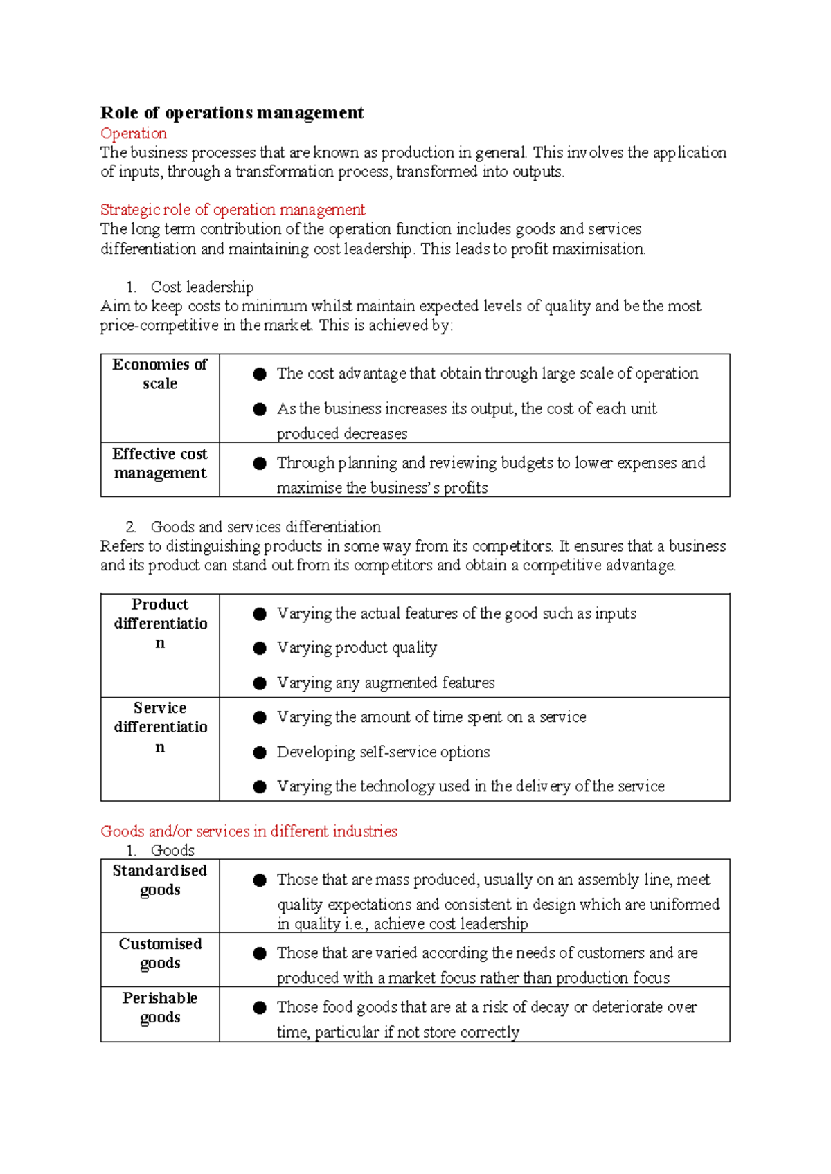 Operation revision - notes - Role of operations management Operation ...