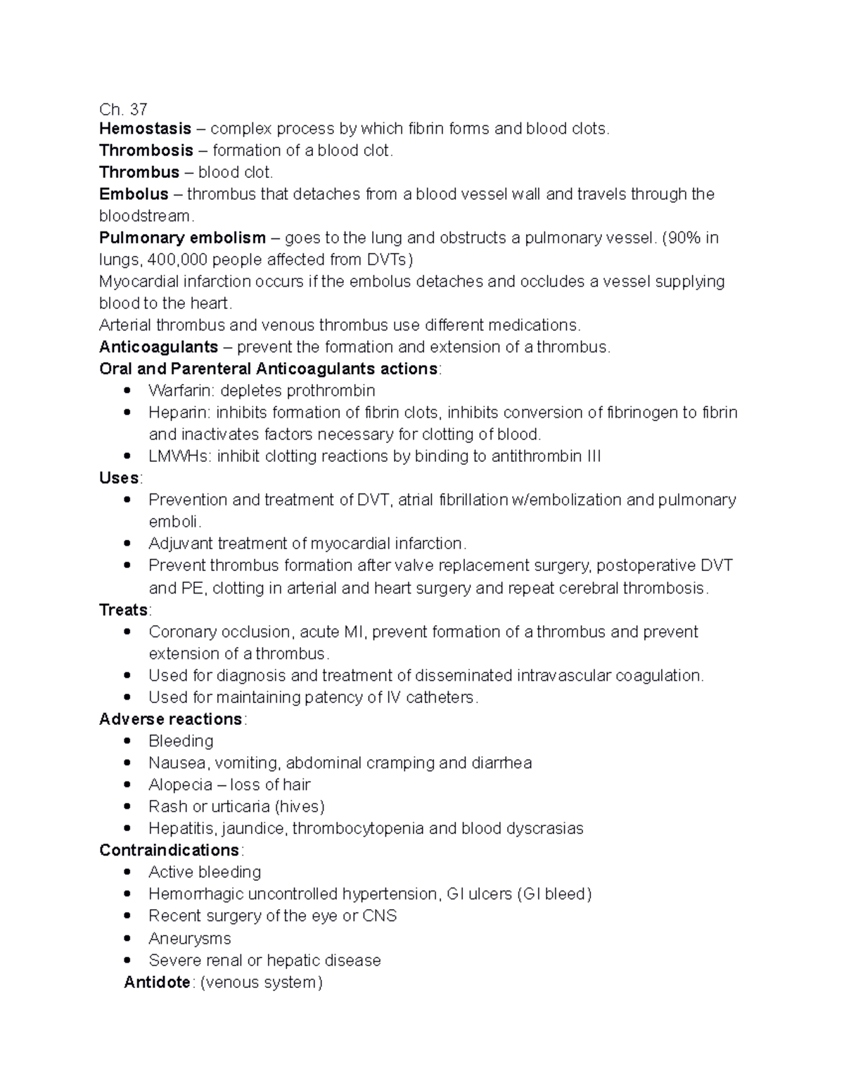 Ch37 - Chapter summary - Ch. 37 Hemostasis – complex process by which ...