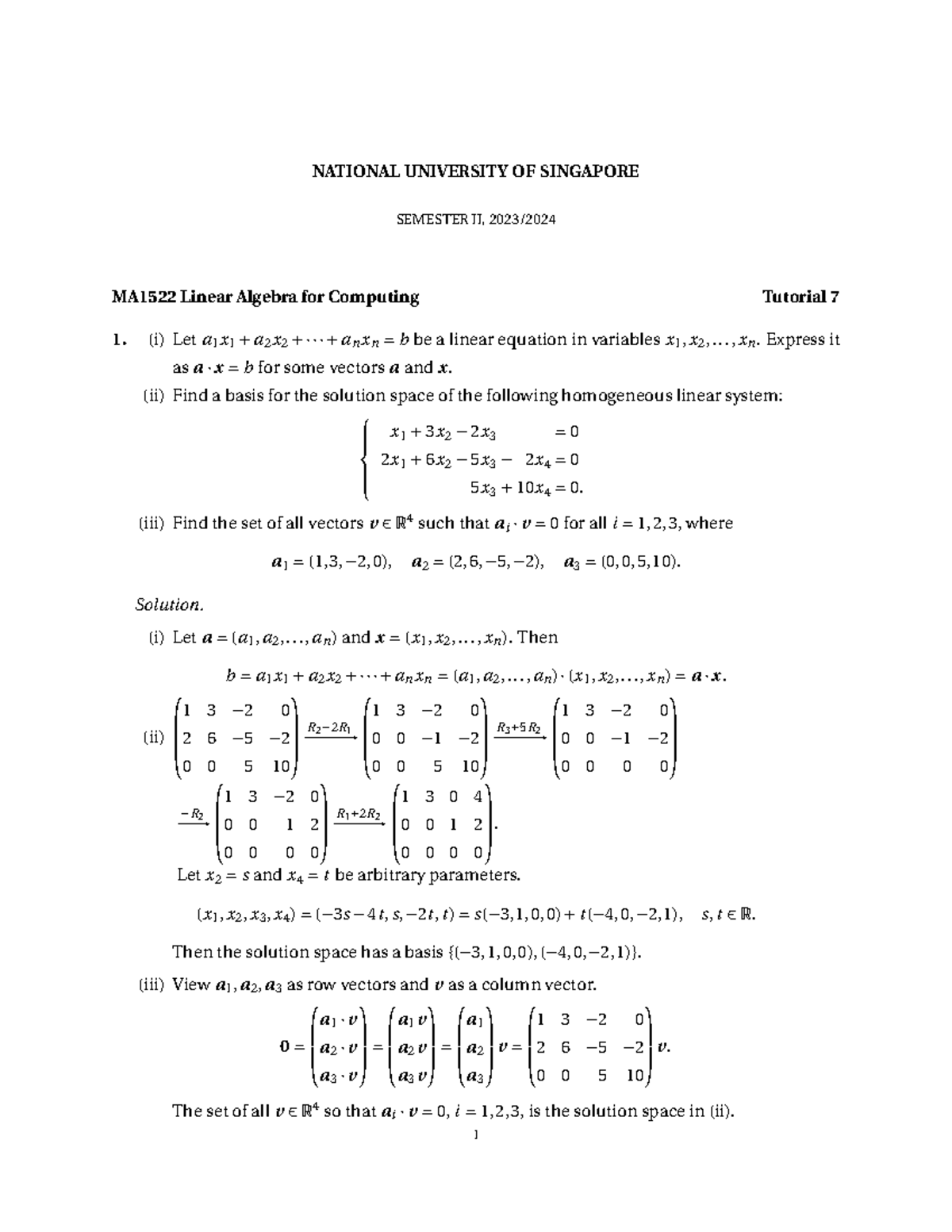 Tut7s - Tutorial 7 - NATIONAL UNIVERSITY OF SINGAPORE SEMESTER II, 2023/ MA1522 Linear Algebra ...