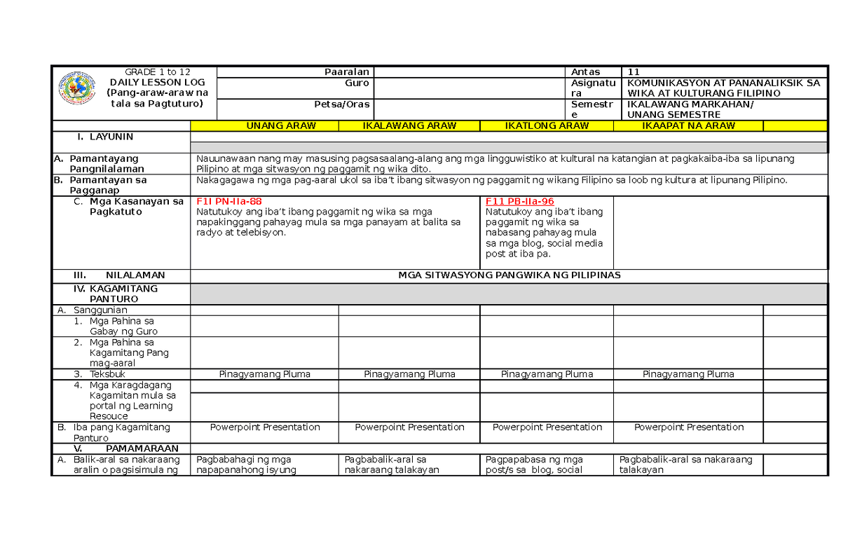 WEEK 1 - jfjf - GRADE 1 to 12 DAILY LESSON LOG (Pang-araw-araw na tala ...