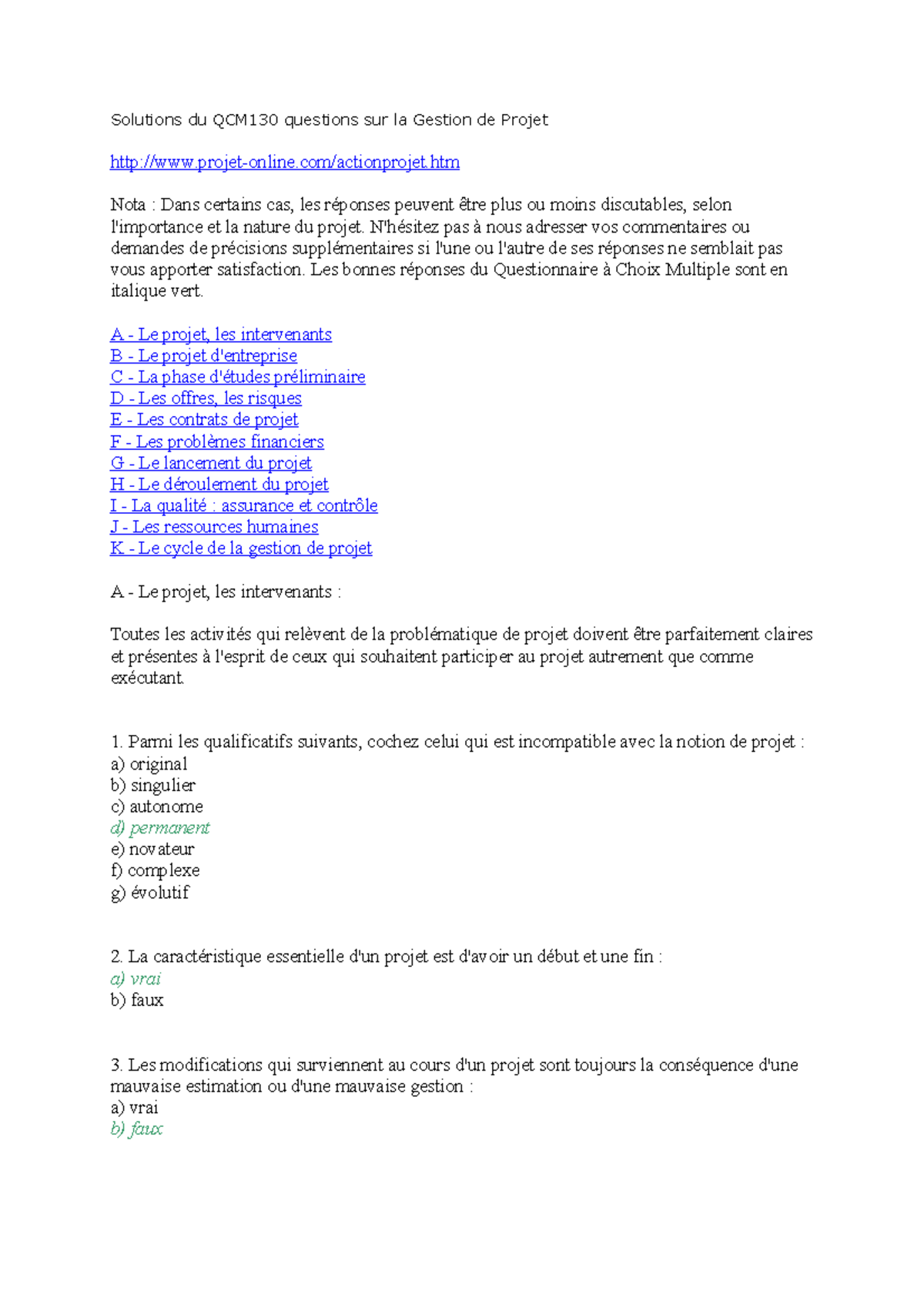 Questions Sur La Gestion de Projet - Solutions du QCM130 questions sur ...