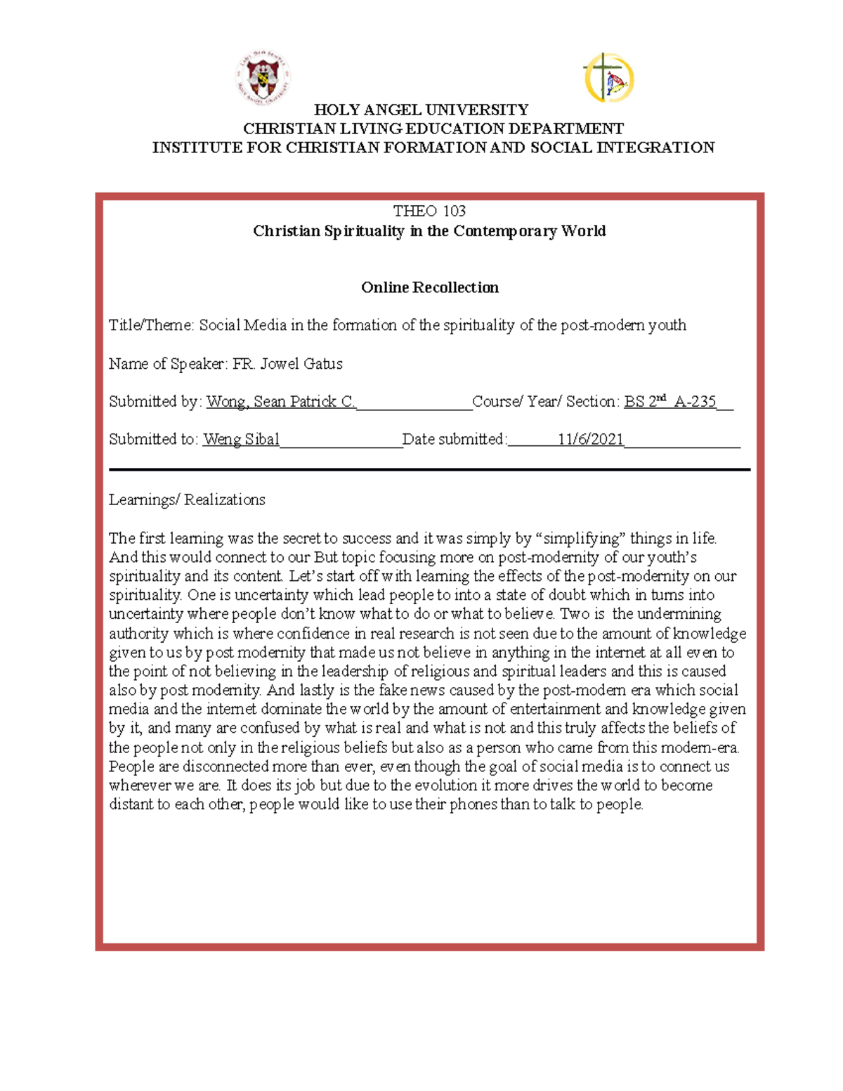 Reflection Paper Template-3 - HOLY ANGEL UNIVERSITY CHRISTIAN LIVING ...