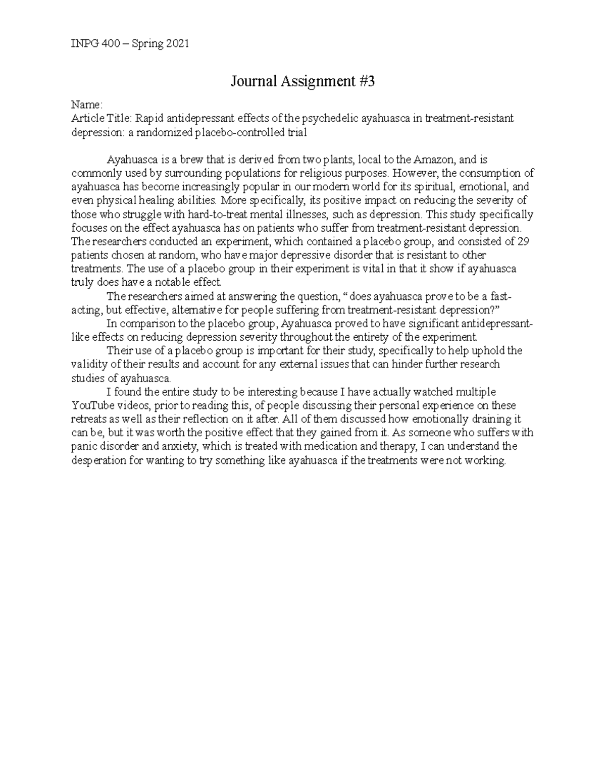 Journal Article 3 - INPG 400 – Spring 2021 Journal Assignment Name ...