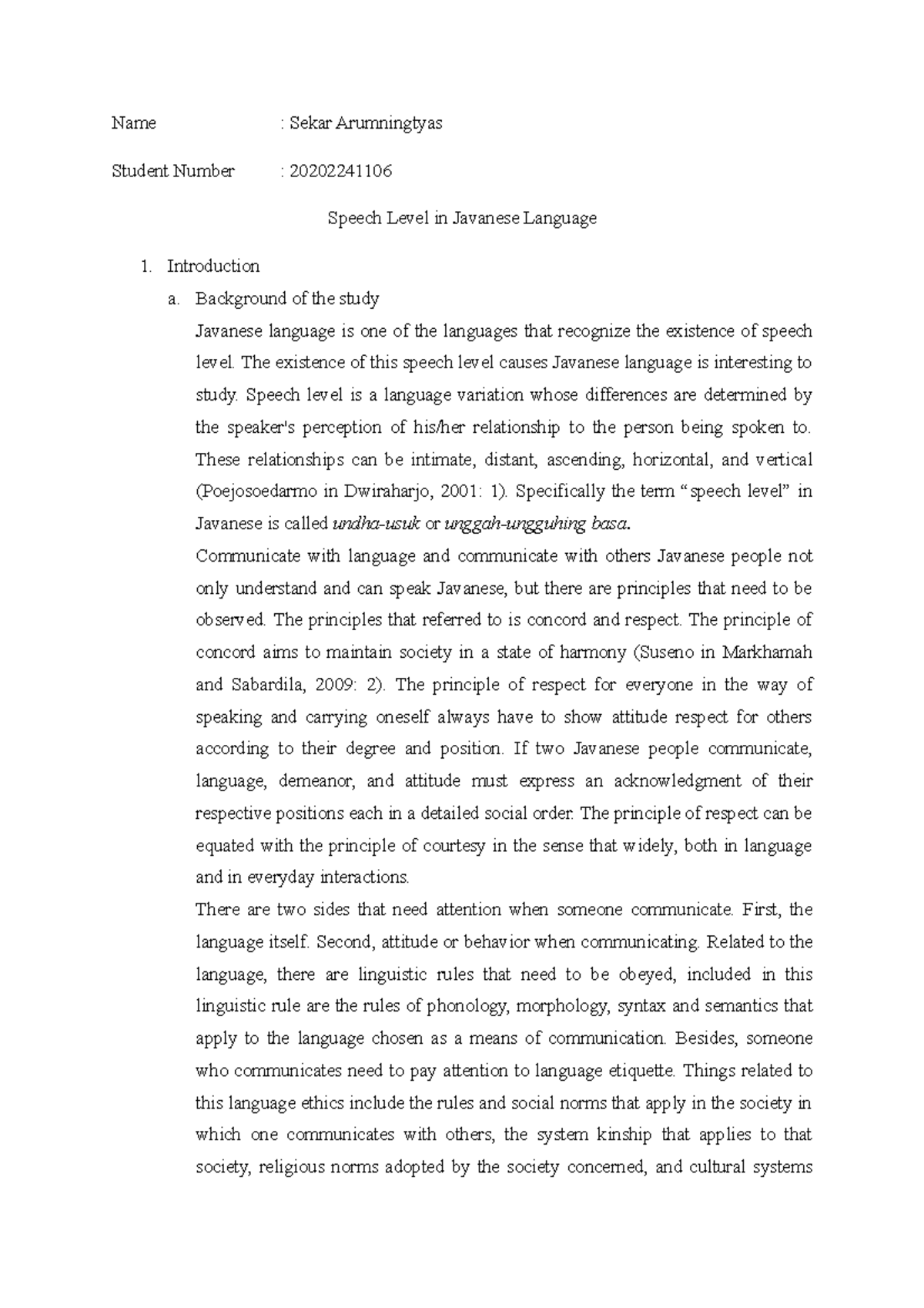 Mini project speech level in Javanese language - Name : Sekar ...