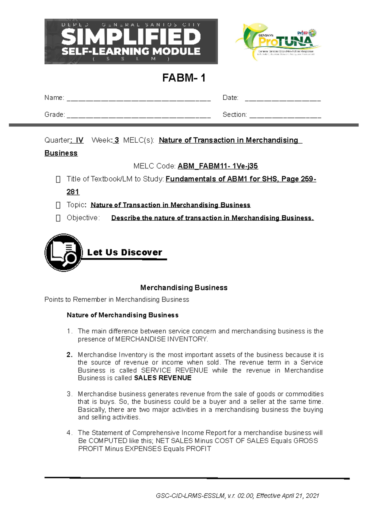 Fundamentals of Accountancy and Business Management 1 - FABM- 1 Name ...