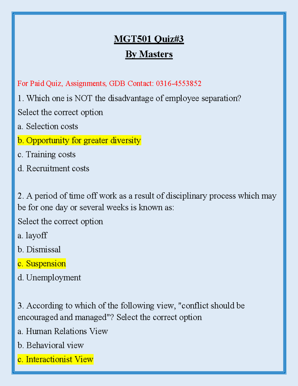 MGT501 quiz 3 Solved by Masters - MGT501 Quiz# By Masters For Paid Quiz ...