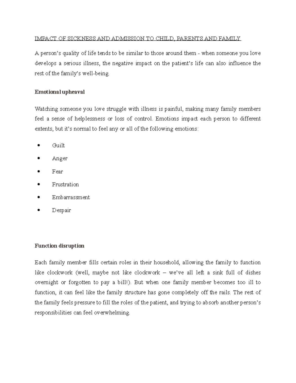Impact OF Sickness AND Admission TO Child - IMPACT OF SICKNESS AND ...