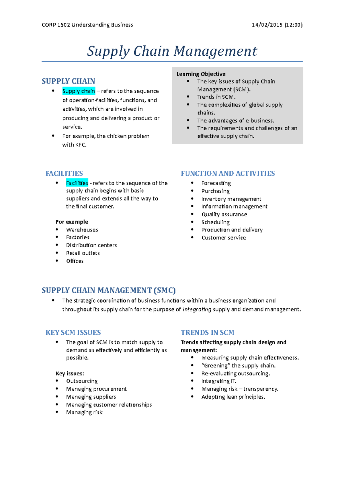 Supply Chain Management - Learning Objective The key issues of Supply ...