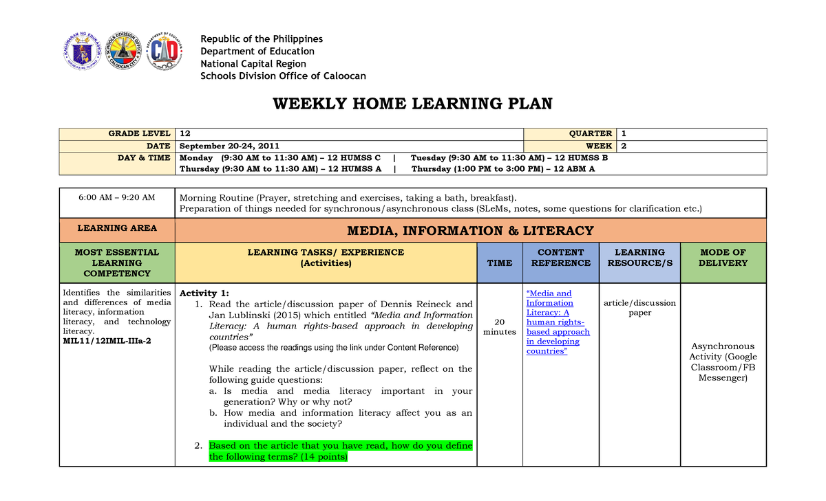 Weekly Home Learning Plan Media and Information Literacy - Department ...