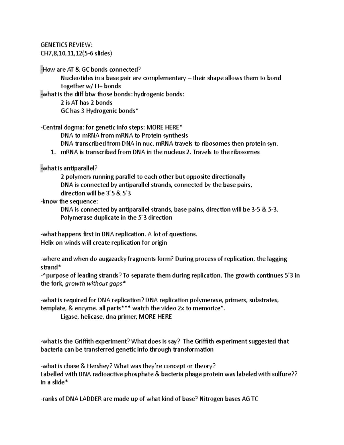 Genetics Review T2 - classwork - GENETICS REVIEW: CH7,8,10,11,12(5-6 ...