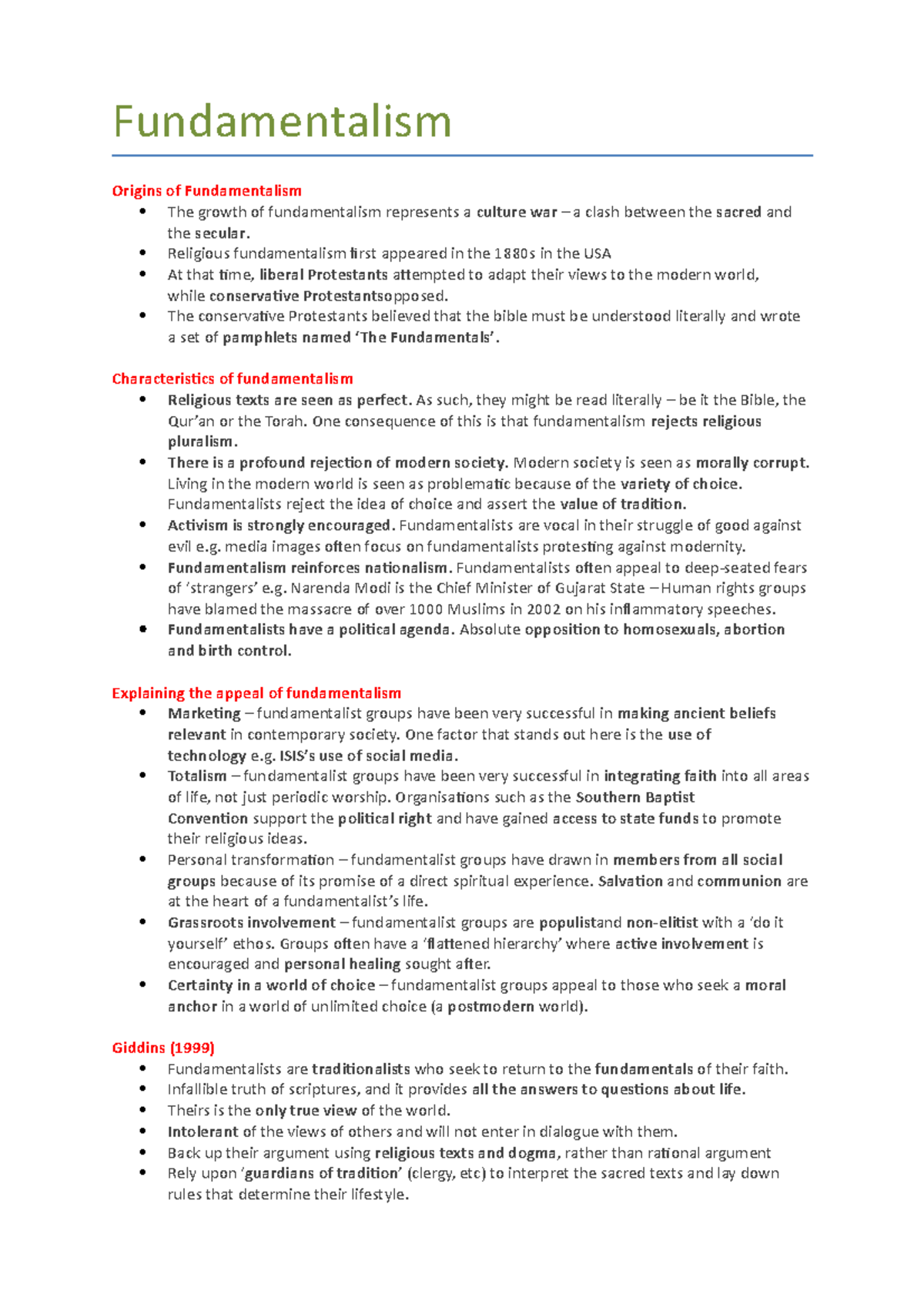 Fundamentalism summary - Fundamentalism Origins of Fundamentalism The ...