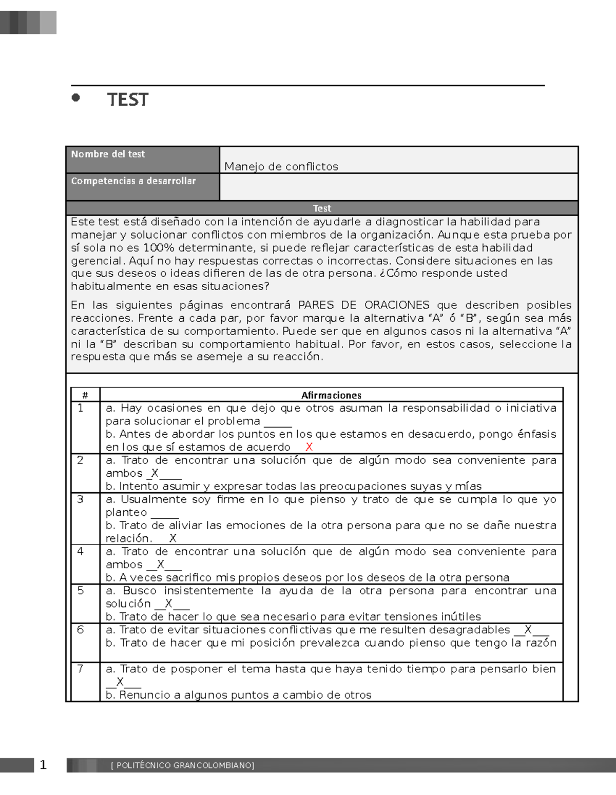 1. Manejo de conflictos - [ POLITÉCNICO GRANCOLOMBIANO] TEST Nombre del ...