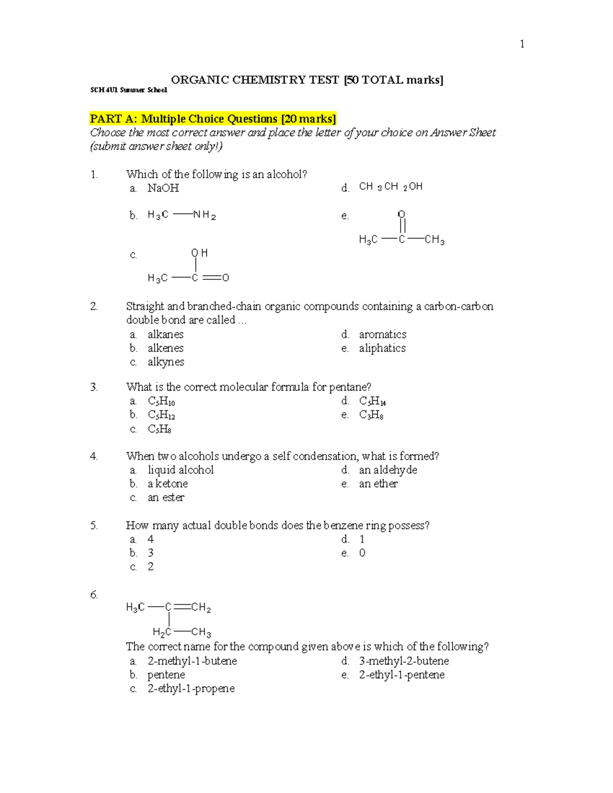 Organic test 2024 - ORGANIC CHEMISTRY TEST [50 TOTAL marks] SCH 4U1 ...