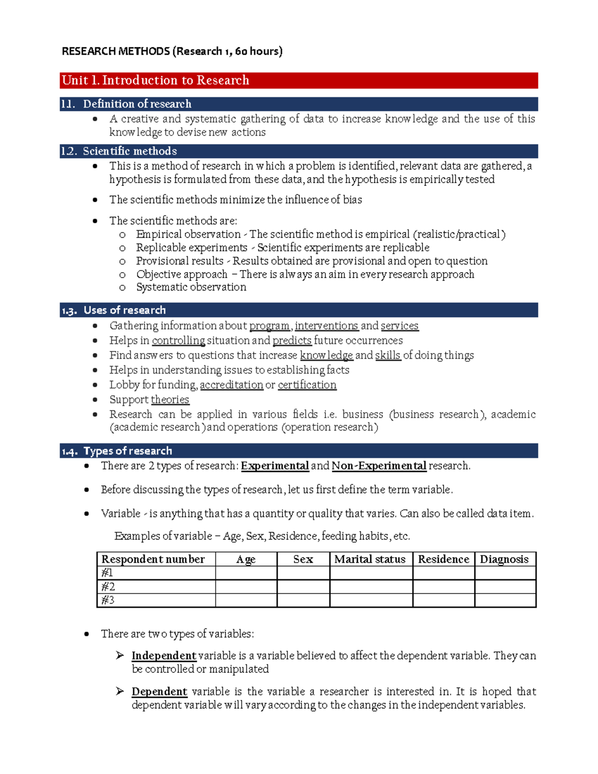 Research 1 - Lecture notes - RESEARCH METHODS (Research 1, 60 hours ...