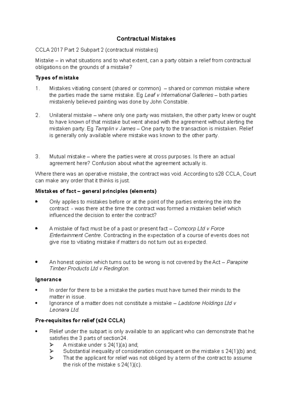 Contractual Mistakes - Contractual Mistakes CCLA 2017 Part 2 Subpart 2 ...