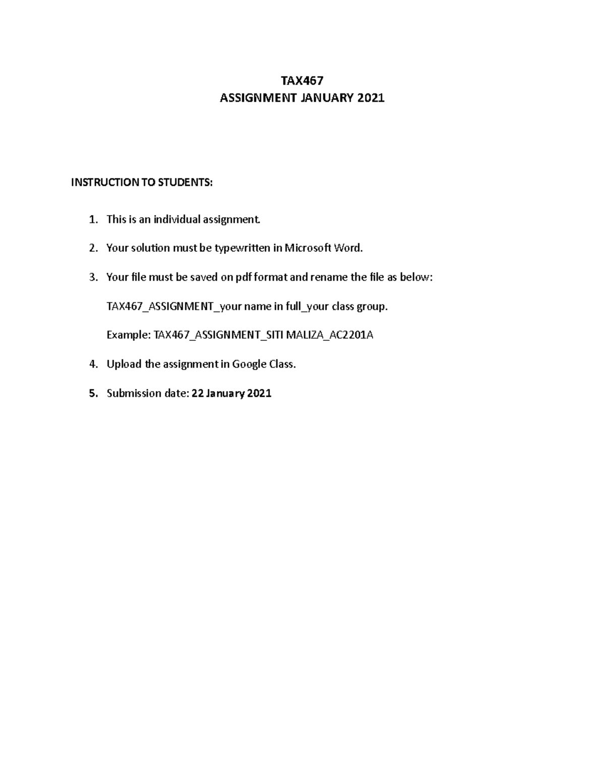 TAX467 Assignment JAN 2021 - TAX ASSIGNMENT JANUARY 2021 INSTRUCTION TO ...