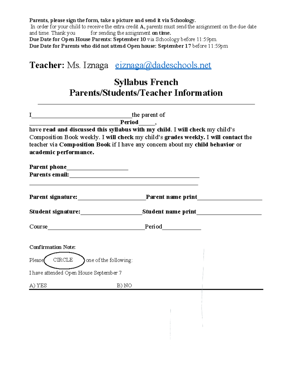 Acknowledgement Form Parent Homework - Parents, please sign the form ...