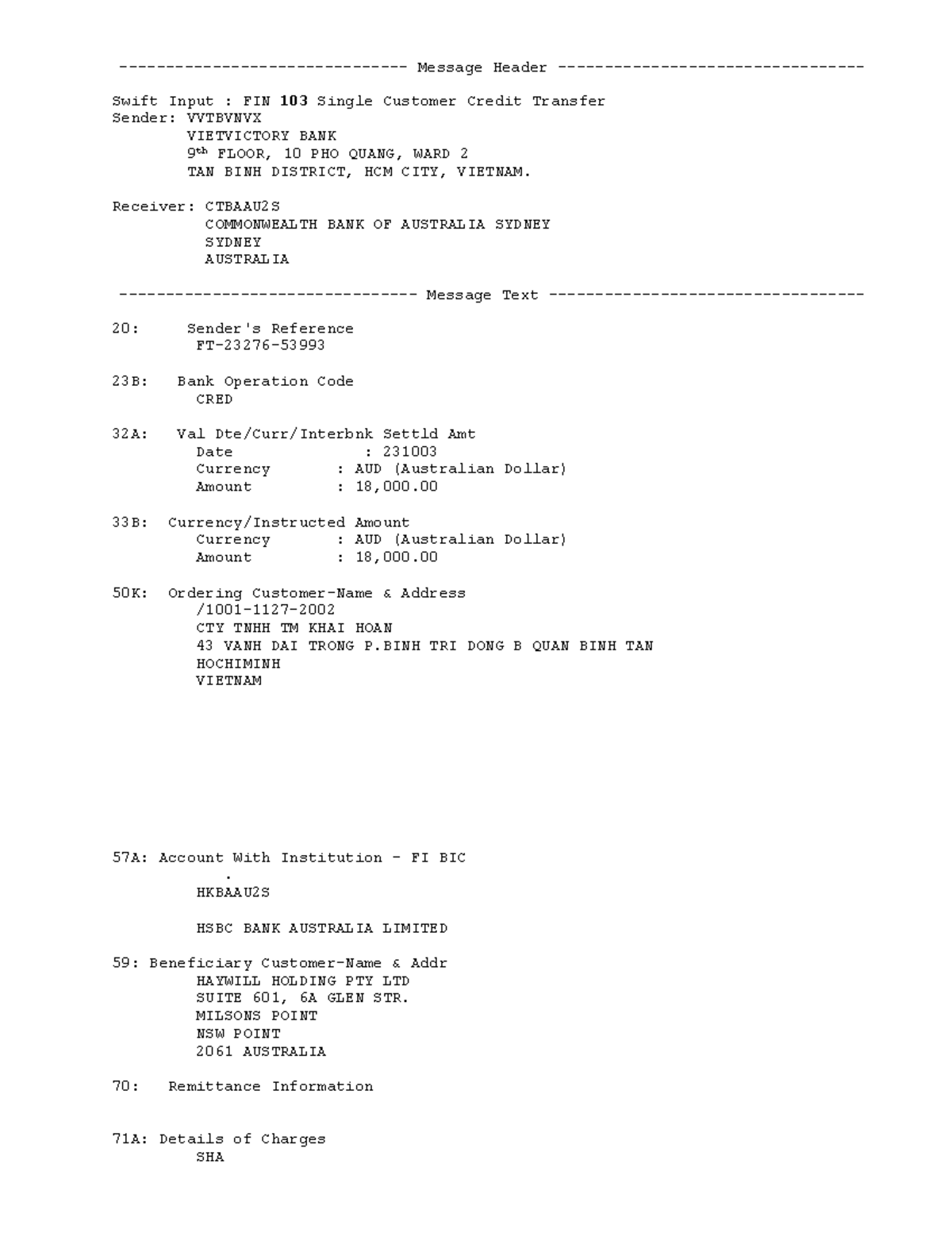 Overseas Transfer MT 103 20231003075542 - Message Header - Swift Input ...