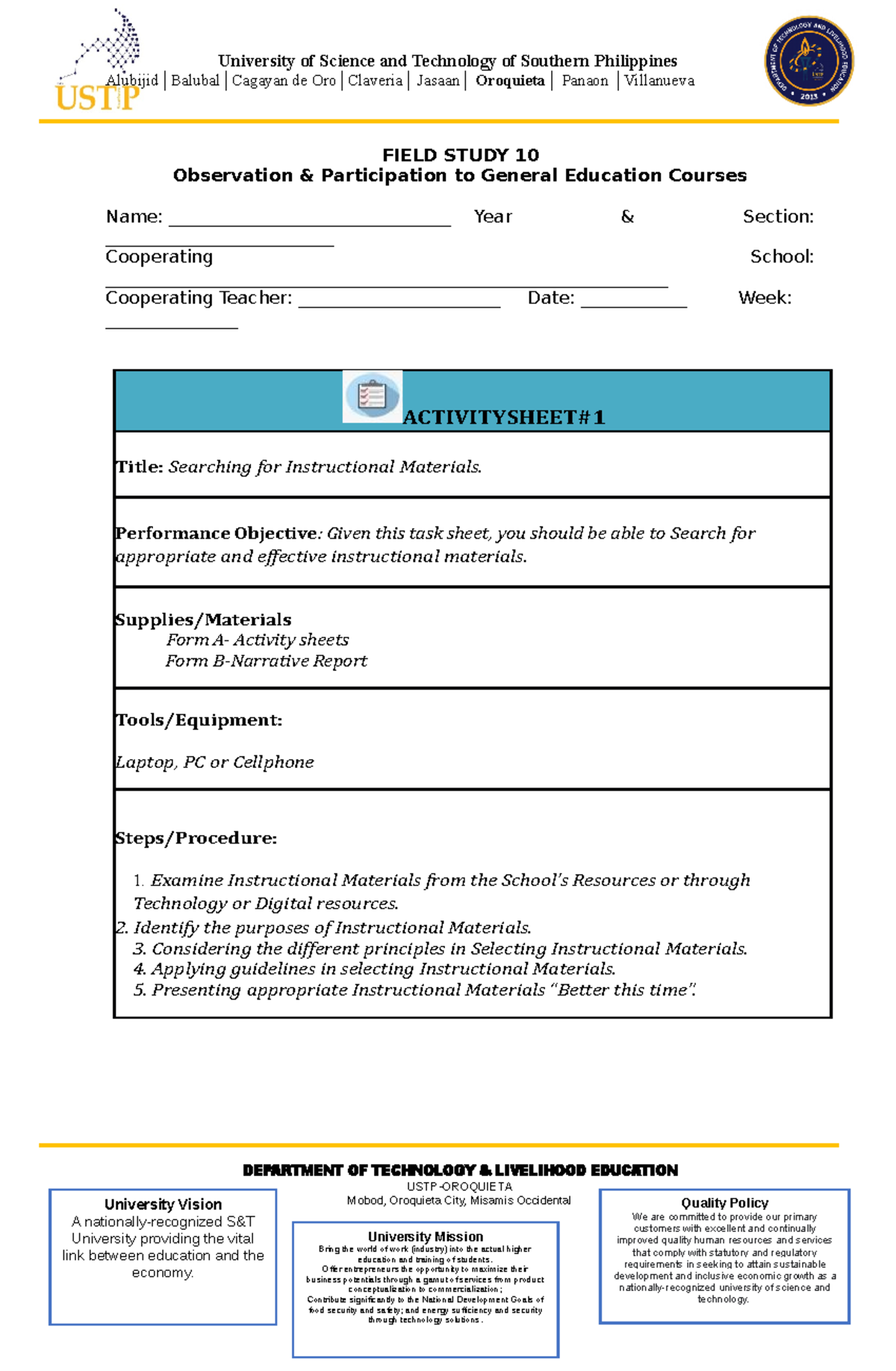 FS 10 Activity 1 - observation - University Vision A nationally ...