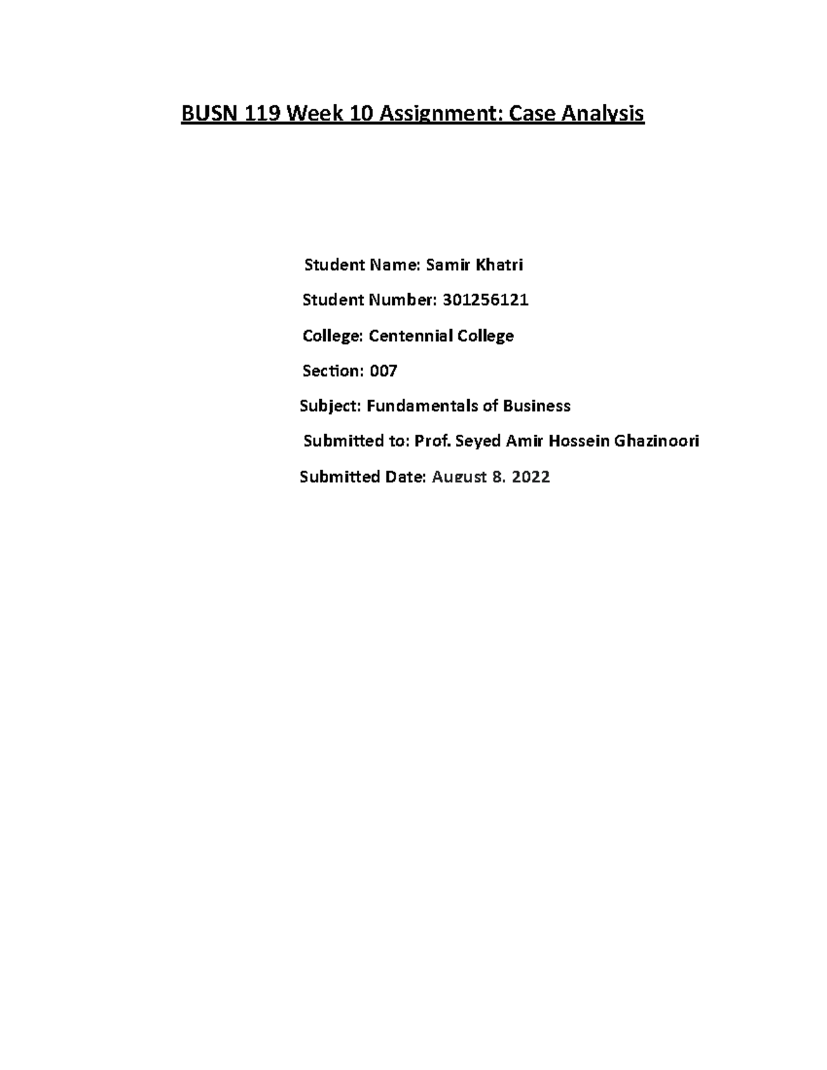 Case Analysis - ..... - BUSN 119 Week 10 Assignment: Case Analysis ...