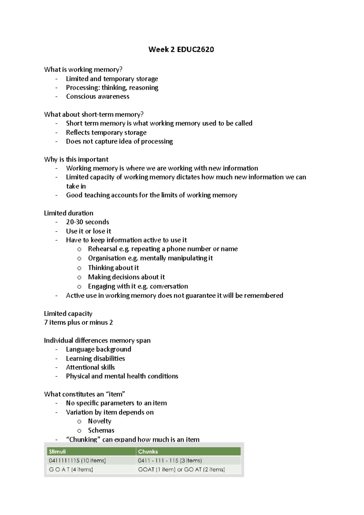 Week 2 EDUC2620 - Week 2 EDUC What is working memory? - Limited and temporary storage ...