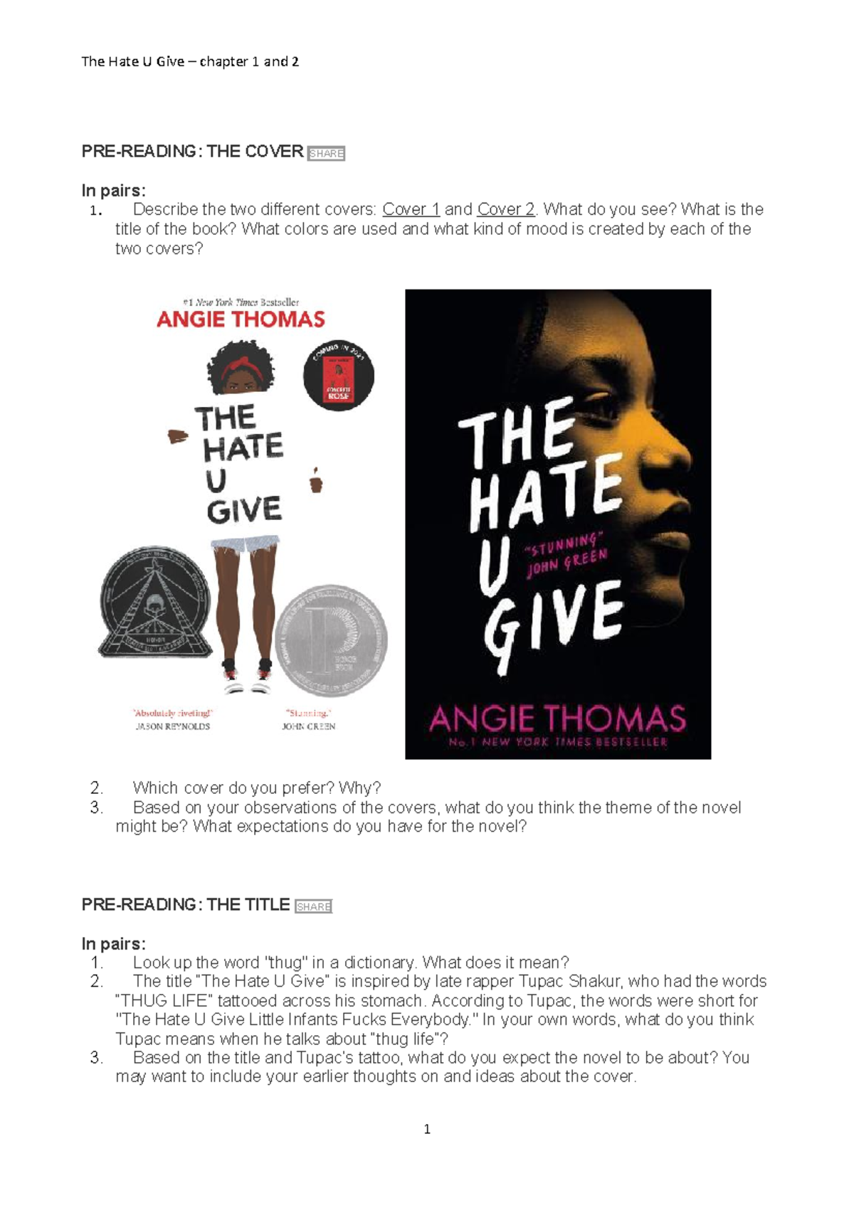 1 The Hate U Give - exercises for chapters 1 and 2 - PRE-READING: THE ...
