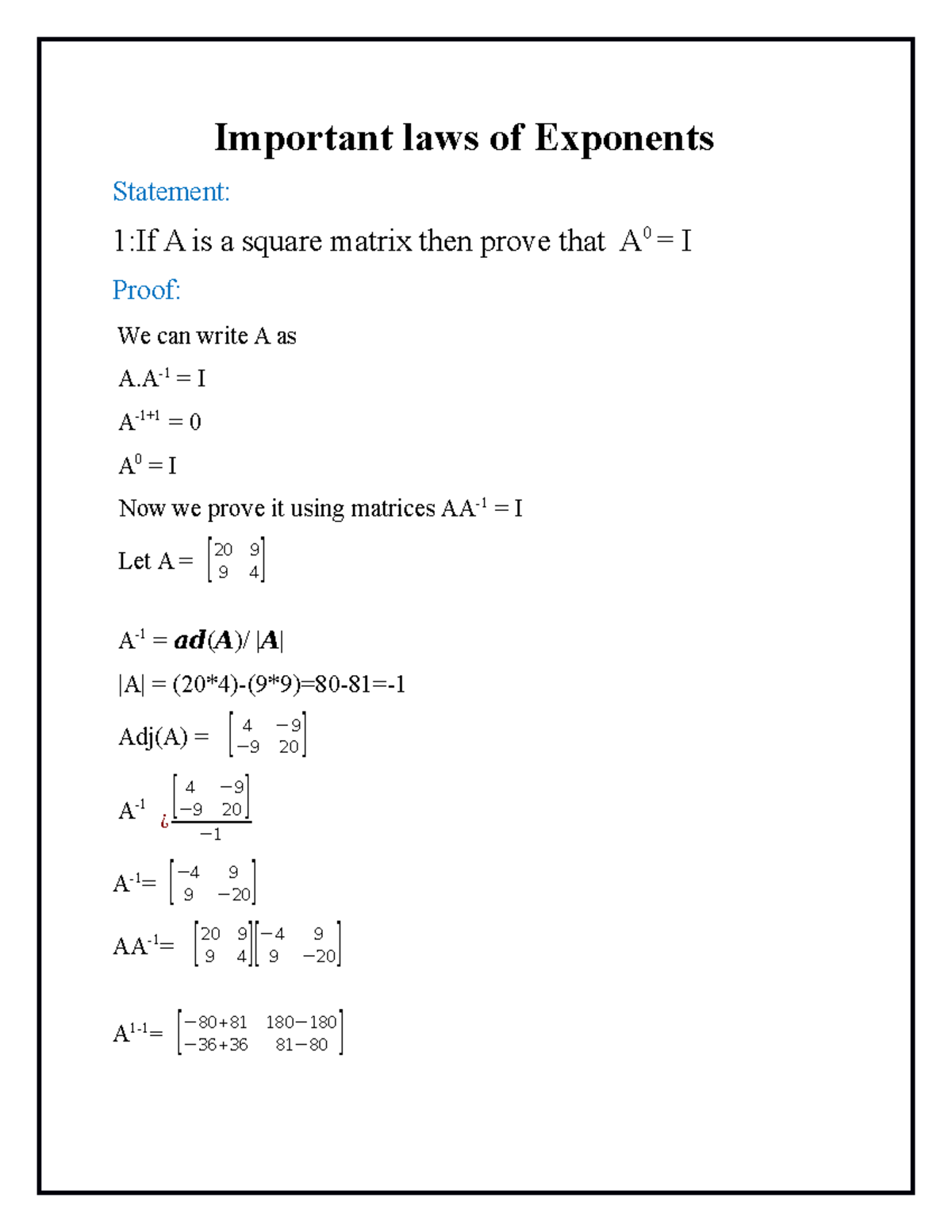 Important laws of Exponents - Important laws of Exponents Statement: 1 ...