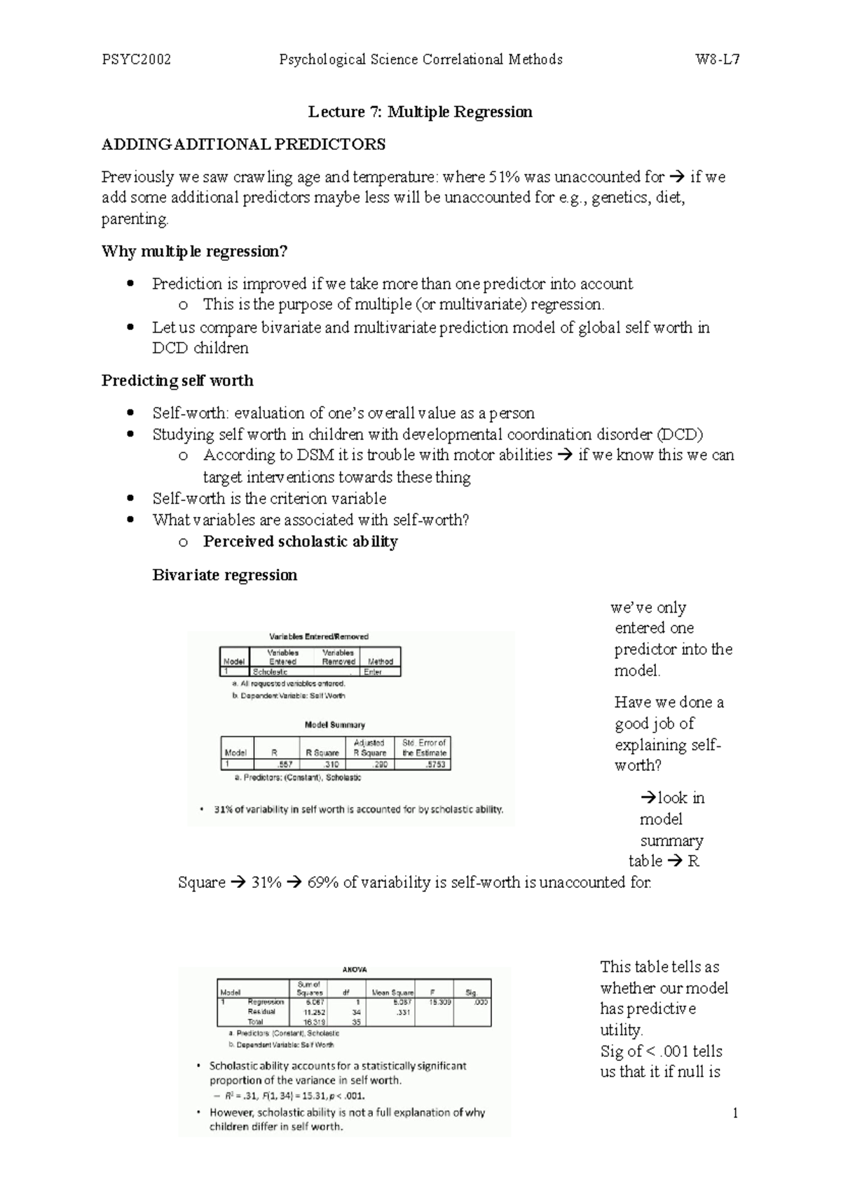 L7 Psyc2002 Lecture 7 Notes Lecture 7 Multiple Regression Adding