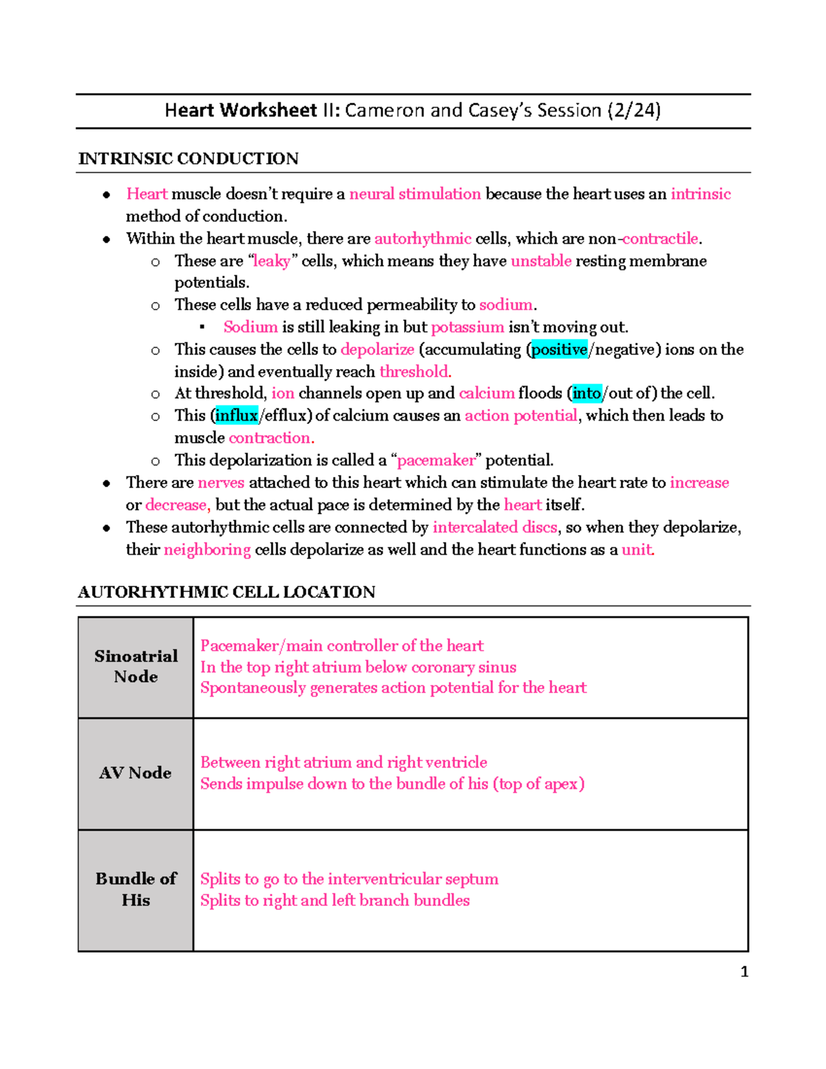 Heart Worksheet II Heart Physiology I-2-1 - Heart Worksheet II: Cameron ...